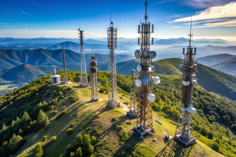 A Wide Angle Shot of Multiple Cellphone Towers on a Mountain Range ...