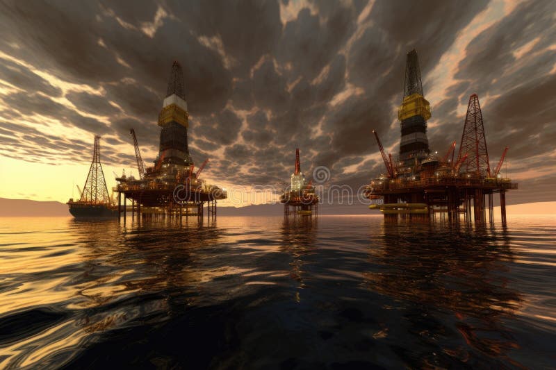Wide-angle Shot of Multiple Oil Rigs in Distance Stock Illustration ...