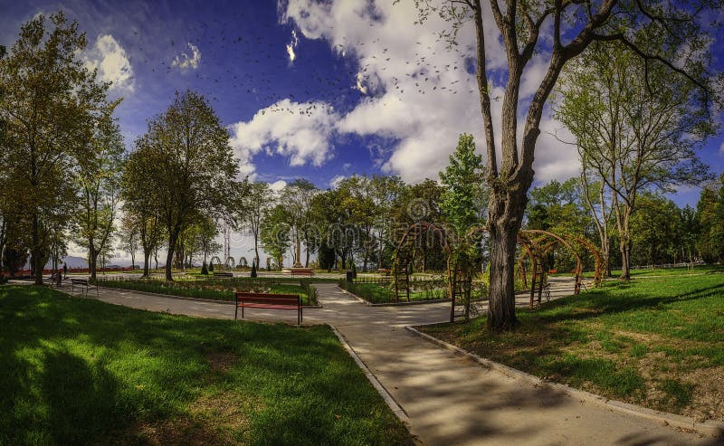 Wide Angle Shot of a Picturesque Park with Soft Sunlight Stock Image ...