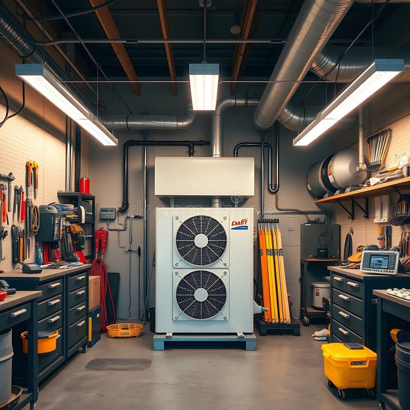 Wide Angle Shot of a Professional HVAC Workshop Filled with Tools a ...