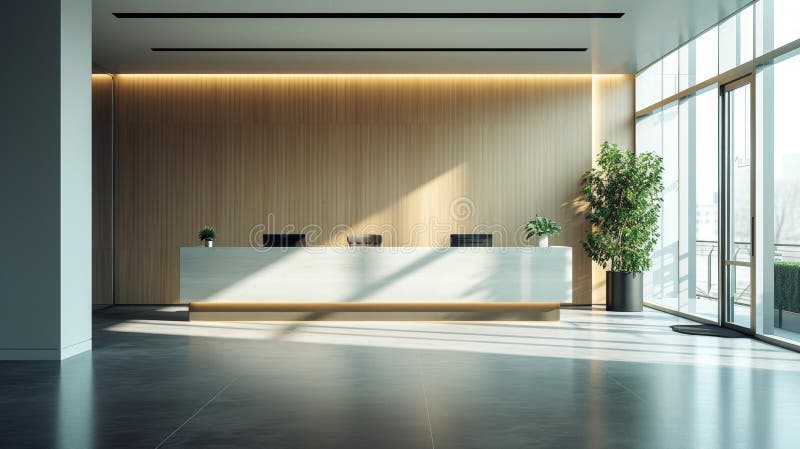 Wide Angle Shot of a Reception Desk in a Corporate Office, Empty Wall ...