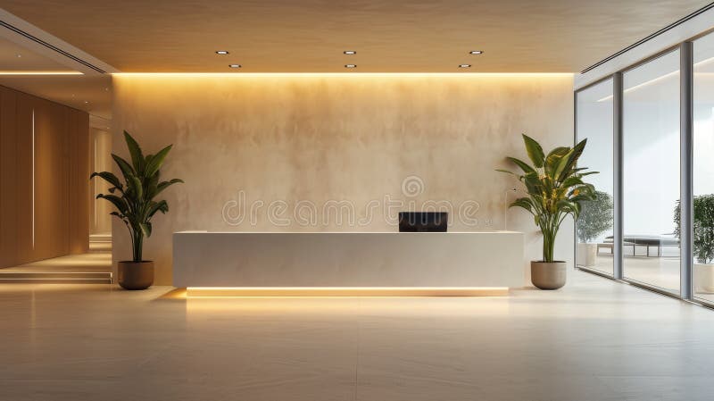 Wide Angle Shot of a Reception Desk in a Corporate Office, Empty Wall ...