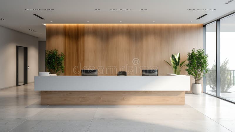 Wide Angle Shot of a Reception Desk in a Corporate Office, Empty Wall ...