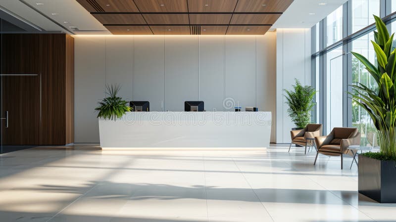 Wide Angle Shot of a Reception Desk in a Corporate Office, Empty Wall ...