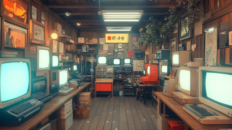 Wide-angle Shot of a Retro Computer Control Room Filled with Vintage ...