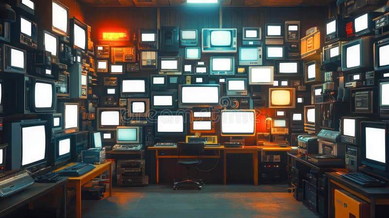 Wide-angle Shot of a Retro Computer Control Room Filled with Vintage ...