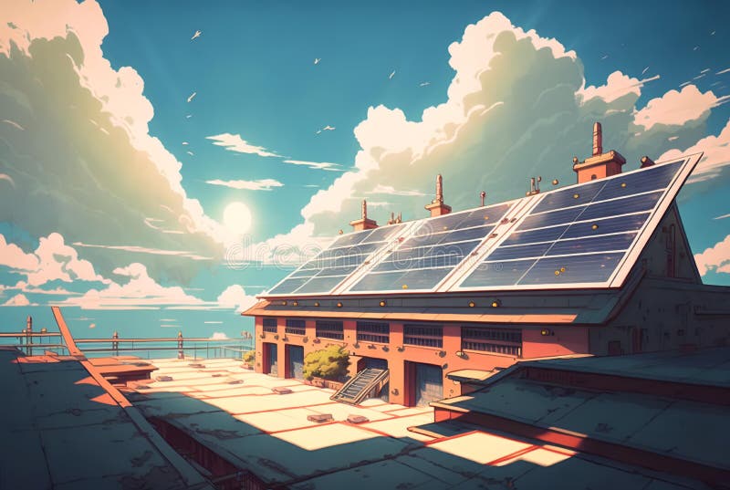 Wide-angle Shot of a Rooftop with a Row of Solar Panels, Capturing the ...