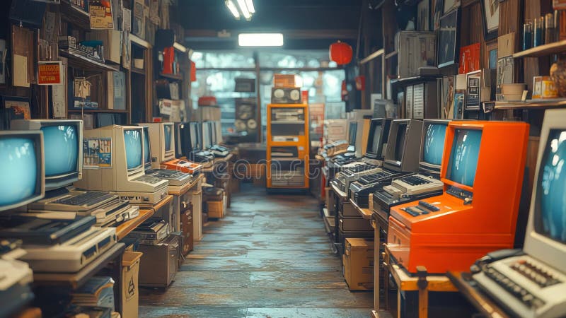 Wide-angle Shot of a Room Packed with Vintage Computers, CRT Monitors ...