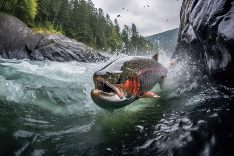 Wide-angle Shot of Salmon Jumping in a Pristine River Stock Photo ...