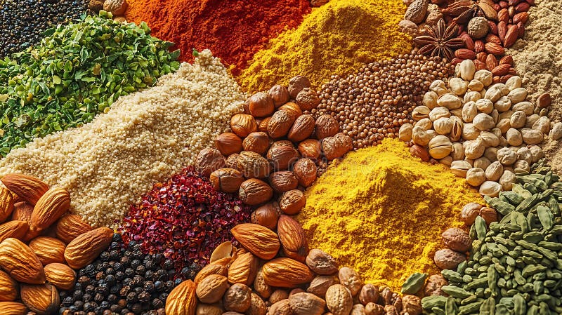 Wide-angle Shot Showcasing an Array of Nuts and Spices Stock Image ...