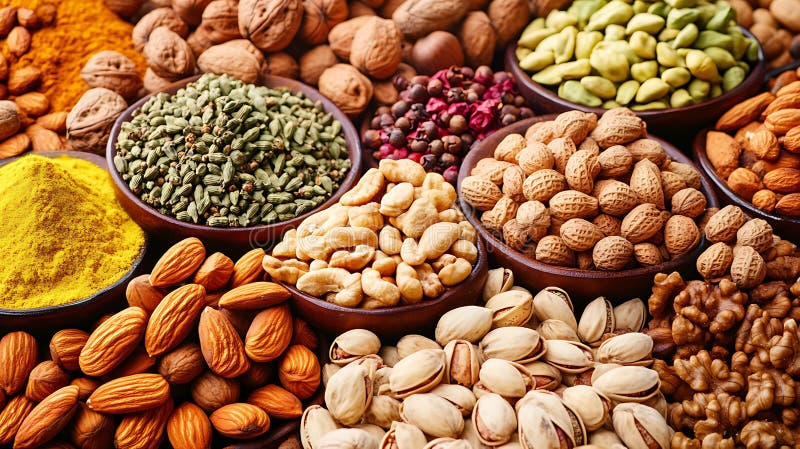 Wide-angle Shot Showcasing an Array of Nuts and Spices Stock Photo ...