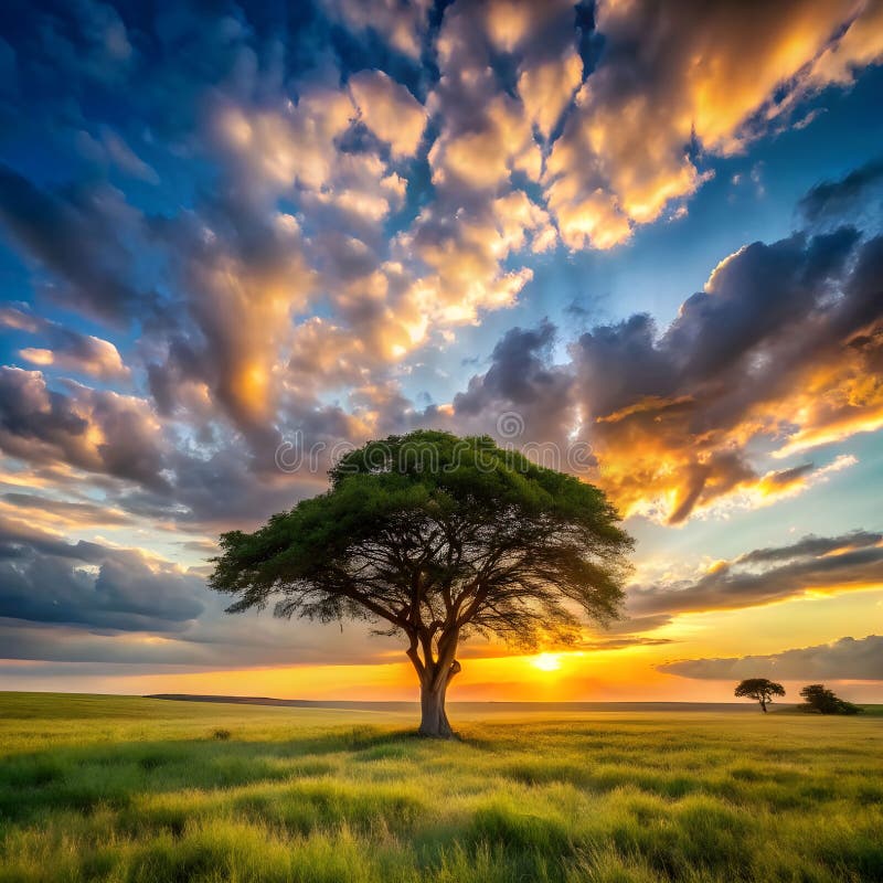 Wide Angle Shot of a Single Tree Growing Under Cloudy Sky Stock ...