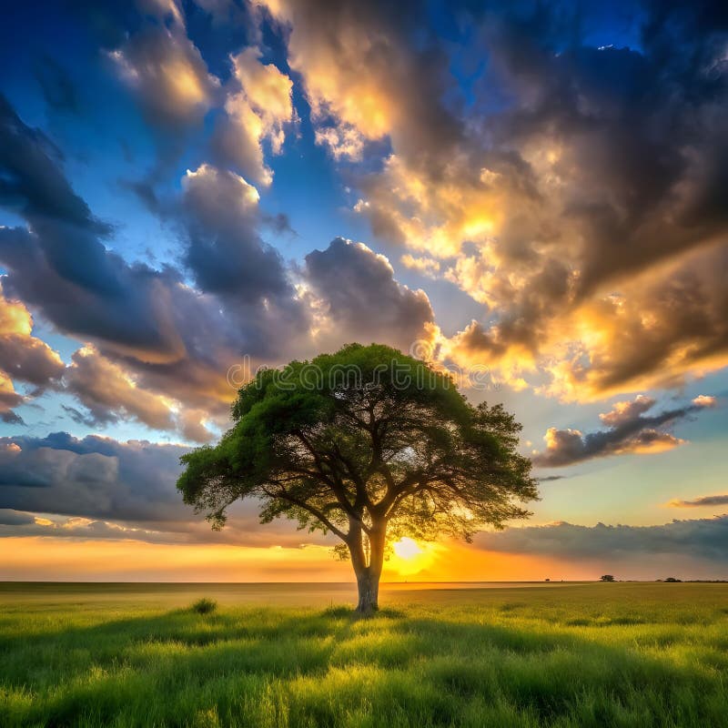 Wide Angle Shot of a Single Tree Growing Under Cloudy Sky Stock ...