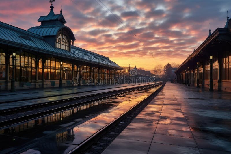 Wide-angle Shot of Train Station Architecture at Dawn Stock ...