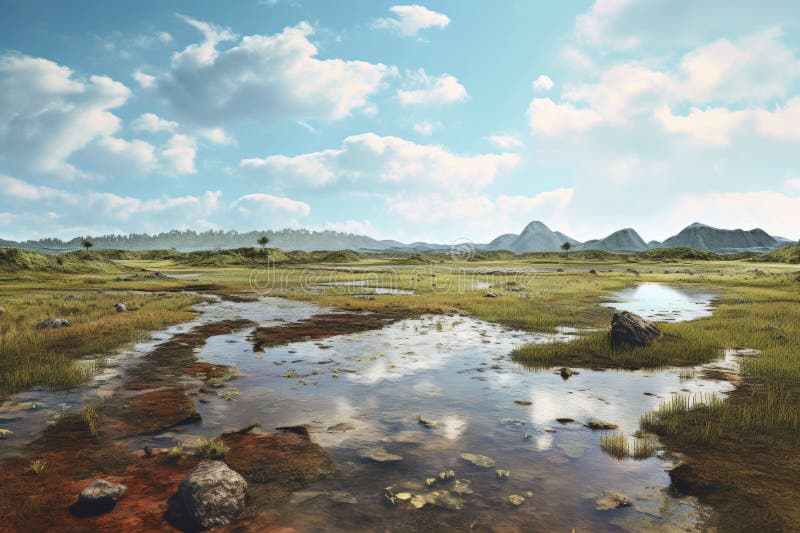 Wide-angle Shot of a Vast, Waterlogged Landscape Stock Illustration ...