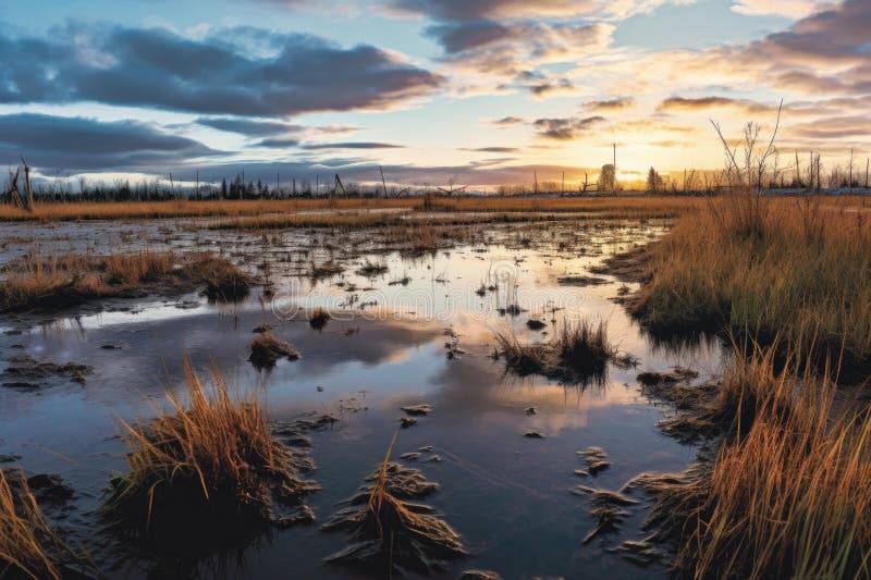 Wide-angle Shot of a Vast, Waterlogged Landscape Stock Illustration ...