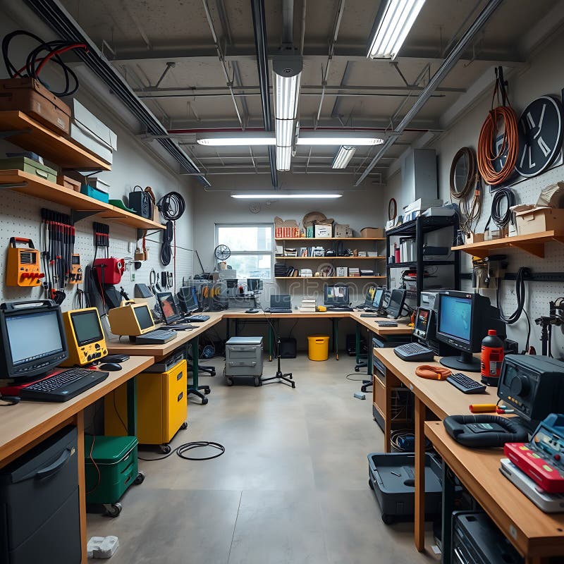 A Wide Angle Shot of a Well Organized Workshop with Various Testing ...