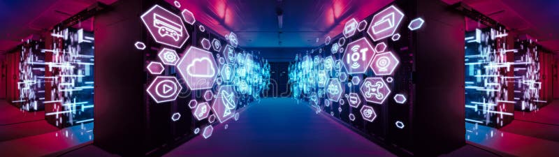 Wide-Angle Shot of a Working Data Center with Rows of Rack Servers with ...