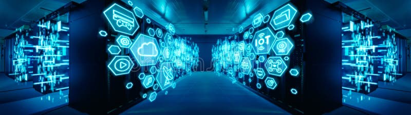 Wide-Angle Shot of a Working Data Center with Rows of Rack Servers with ...