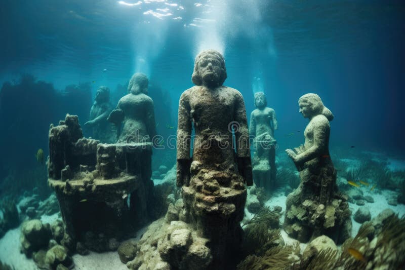 Wide Angle of Sunken Statues in a Coral Reef Stock Illustration ...