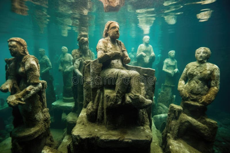 Wide Angle of Sunken Statues in a Coral Reef Stock Illustration ...