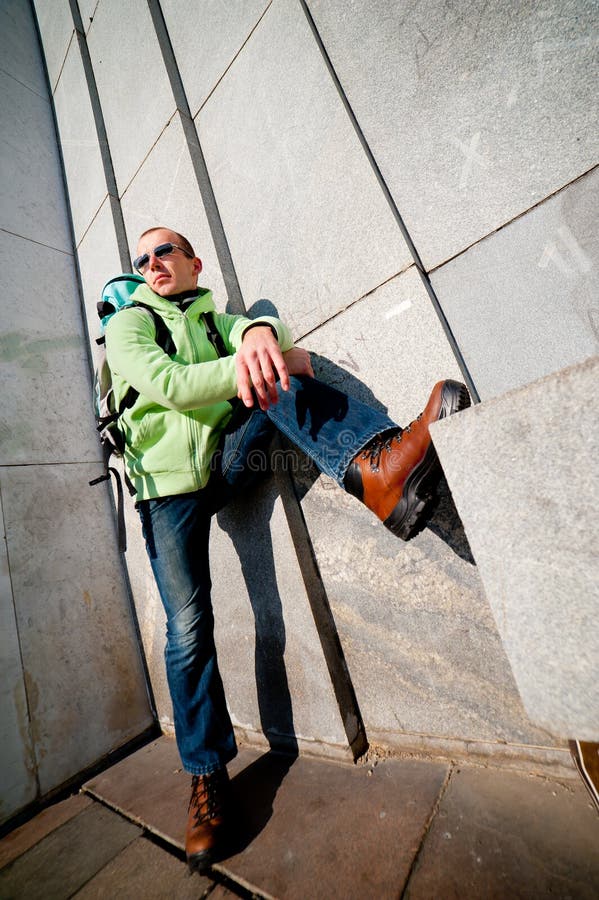 Wide Angle Portrait of Man from Above Stock Photo - Image of pockets ...