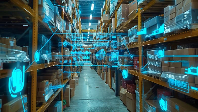 A Wide-angle View of an Advanced Warehouse with Shelves Stacked High ...