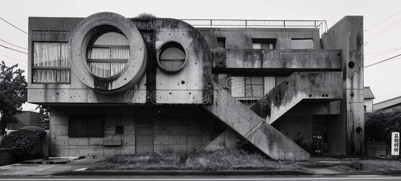 Brutalist Architecture with Circular Windows Stock Illustration ...