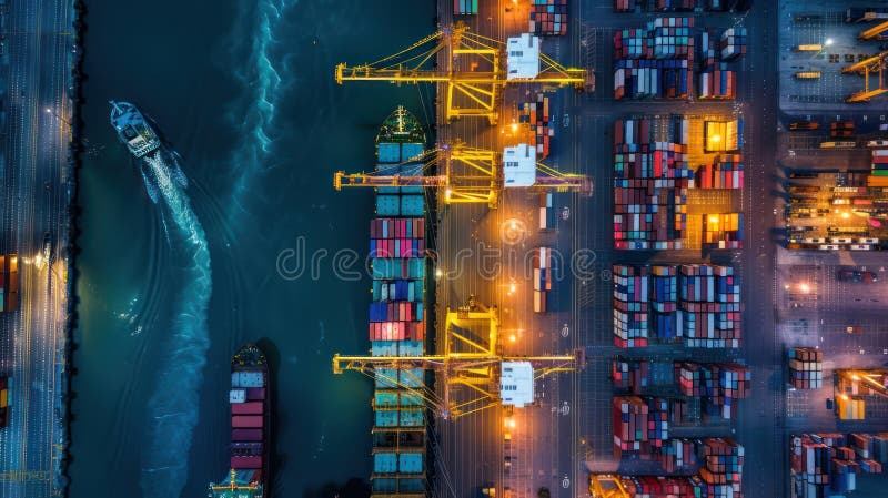 Wide-angle View of a Busy Shipping Port Stock Illustration ...