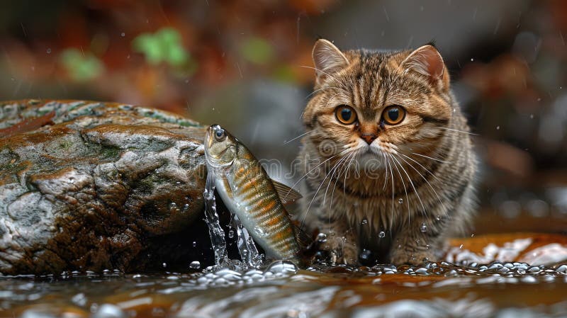 Wide-angle View of a Cat Racing with a Fish Clutched in Its Teeth ...