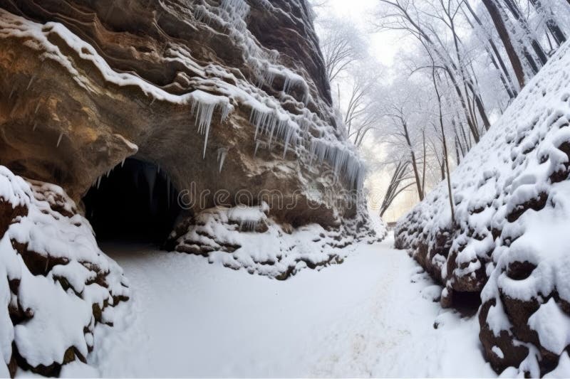 Wide Angle View of Cave Entrance with Snow Stock Image - Image of ...