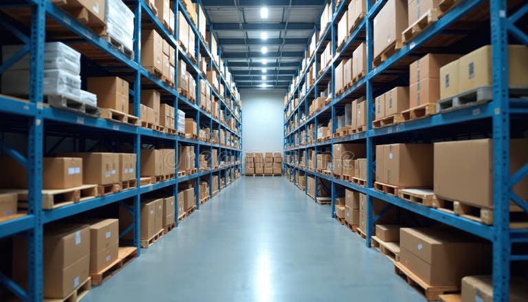 Wide-angle View Clean Warehouse Organized Shelving Impacting Business Efficiency. Storage ...