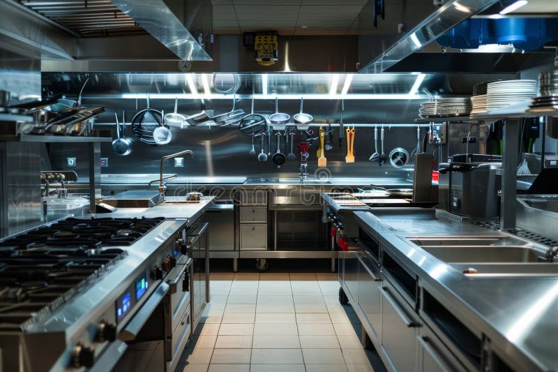 A Wide-angle View of a Commercial Kitchen Featuring Stainless Steel ...
