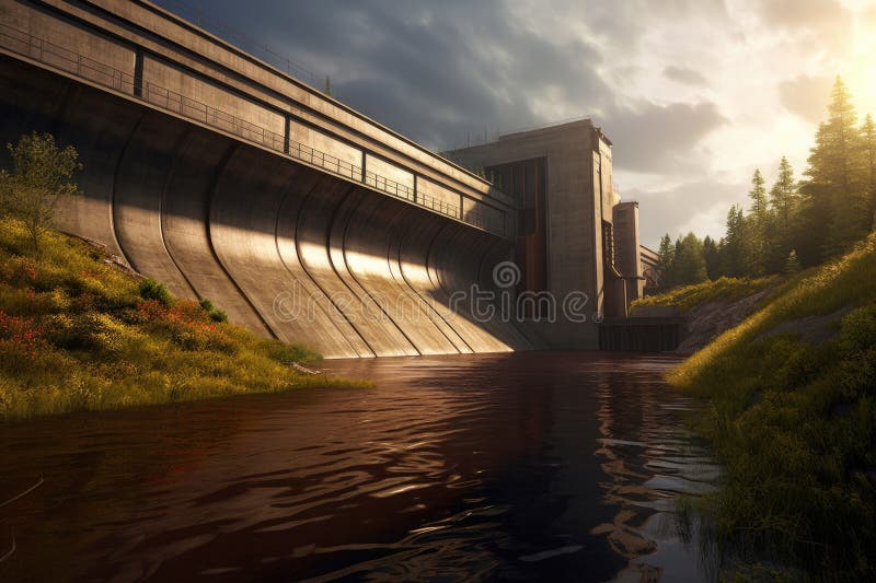 Wide-angle View of a Dam and Its Impact on the Environment Stock ...