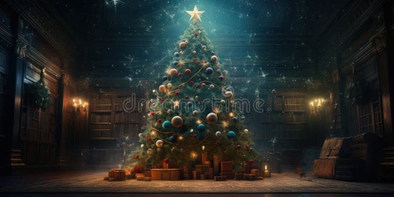 Wide-angle View of Christmas Tree in Center of Fantasy Library ...