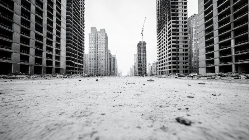 Wide-angle View of a Deserted Construction Site in a Metropolis ...