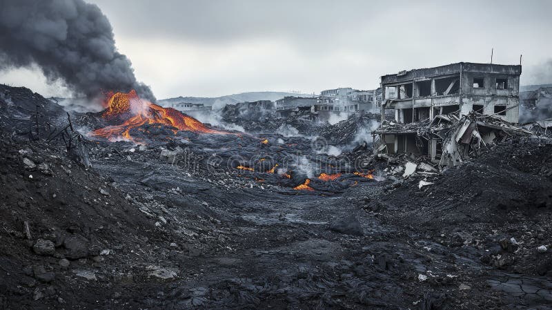 Wide-angle View of Devastating Volcanic Eruption Aftermath Cityscape ...