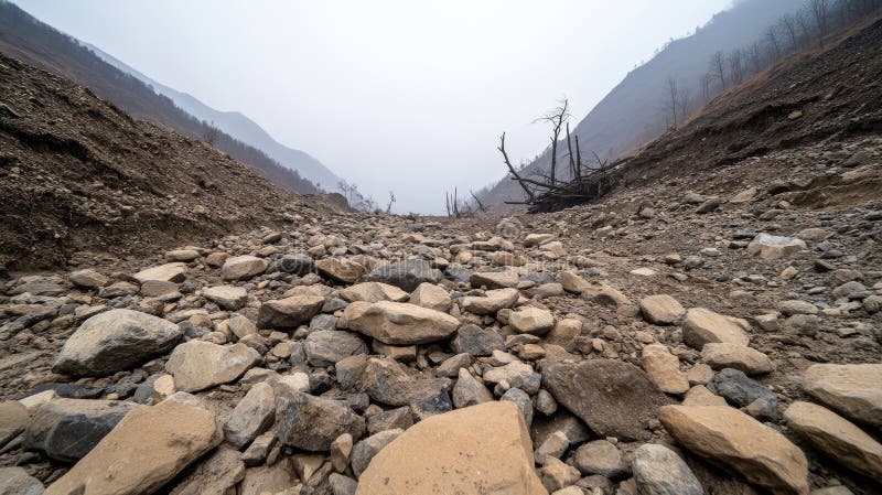 Wide-angle View of a Dry Riverbed Filled with Rocks and Debris, Showing ...