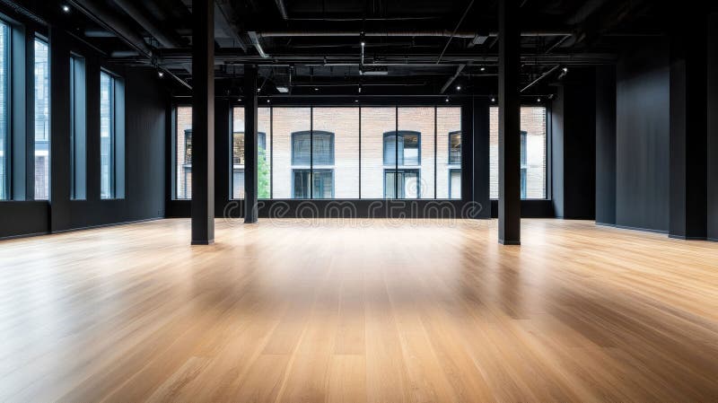 Wide-Angle View of Empty Dance Studio with Black Walls and Light Wood ...
