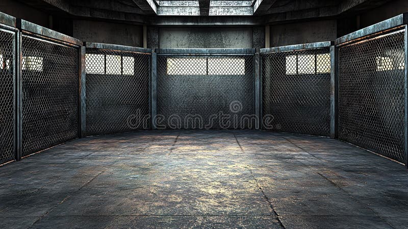 Wide Angle View of an Empty MMA Fighting Cage in a Dimly Lit Arena ...