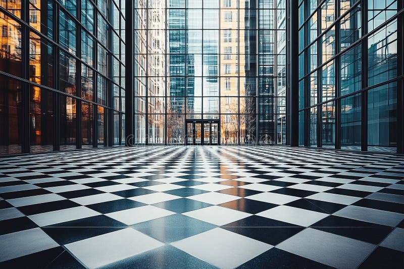 Wide Angle View of an Empty Modern Office Building with a Checkered ...