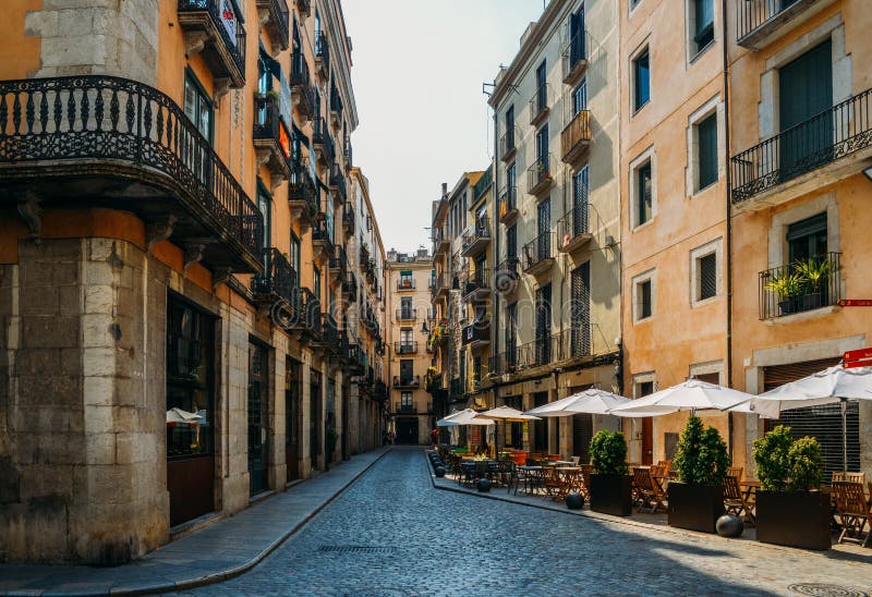 Wide Angle View of Empty Street in the Historic Centre of Girona ...