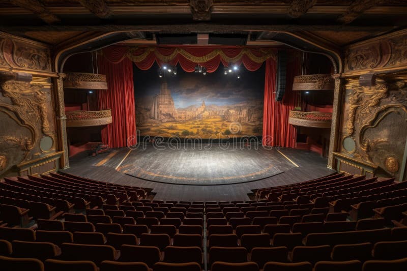 Wide-angle View of an Empty Theater Stage from the Balcony Stock ...
