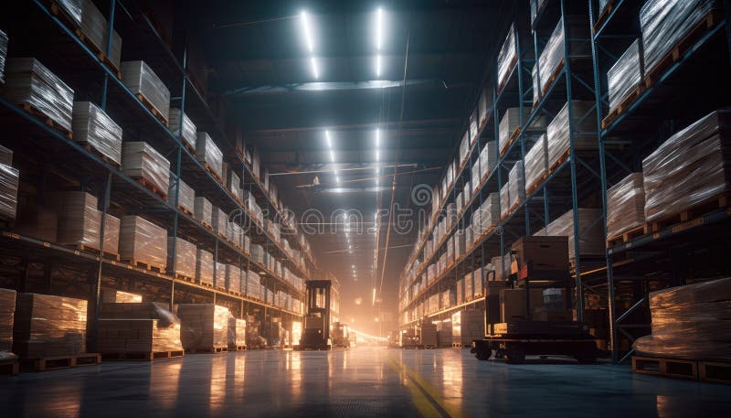 Wide-angle View of an Empty Warehouse with Rows and Rows of High ...