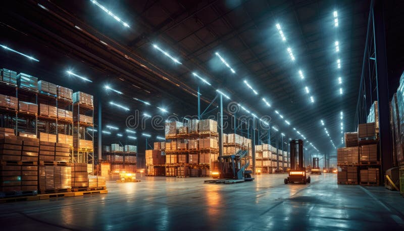 Wide-angle View of an Empty Warehouse with Rows and Rows of High ...