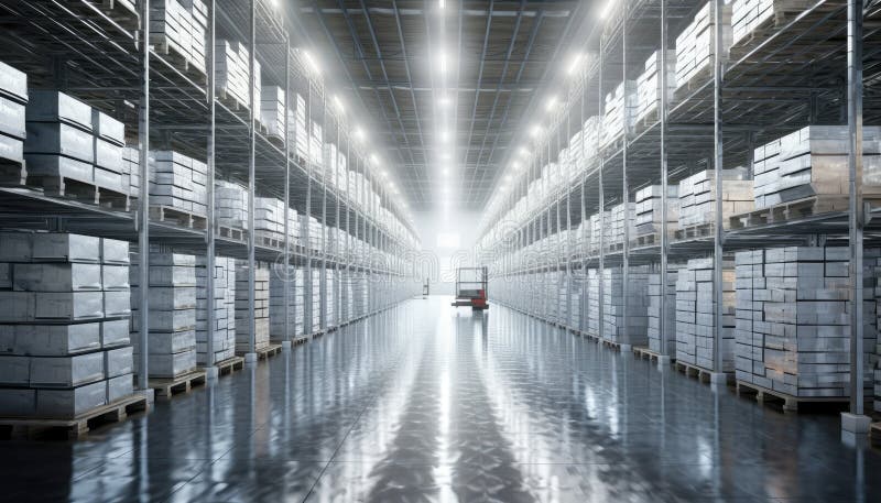 Wide-angle View of an Empty Warehouse with Rows and Rows of High ...