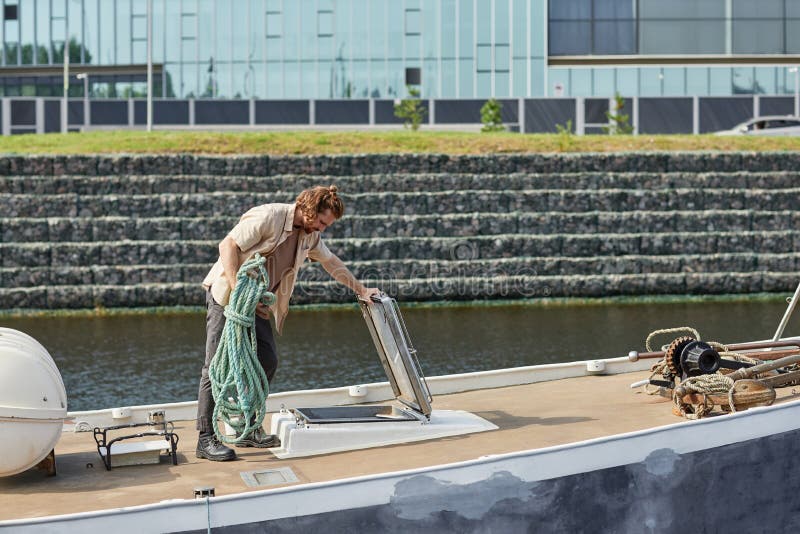 Wide Angle View Handsome Man Working on Boat in Docks Stock Photo ...