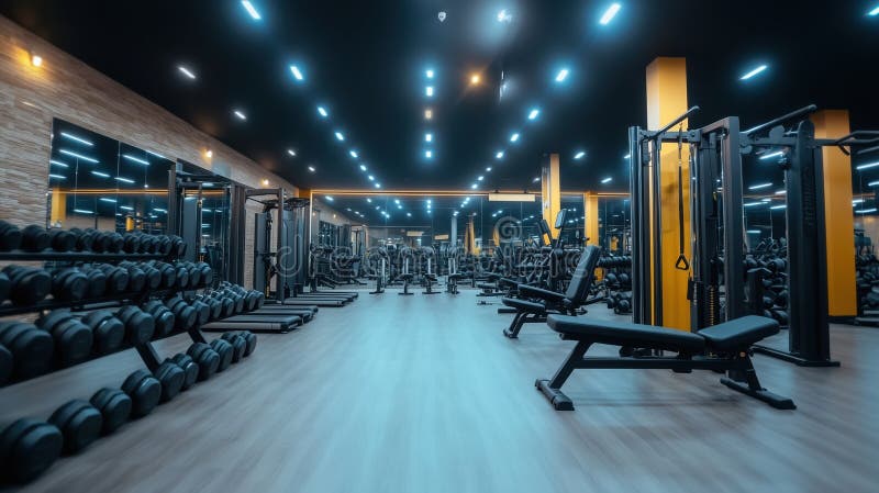 Modern Gym with Organized Workout Equipment and Warm Lighting Stock ...