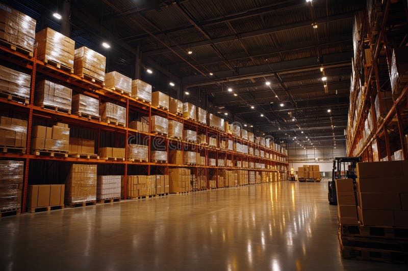 Wide Angle View of an Industrial Warehouse with High Shelves and a ...