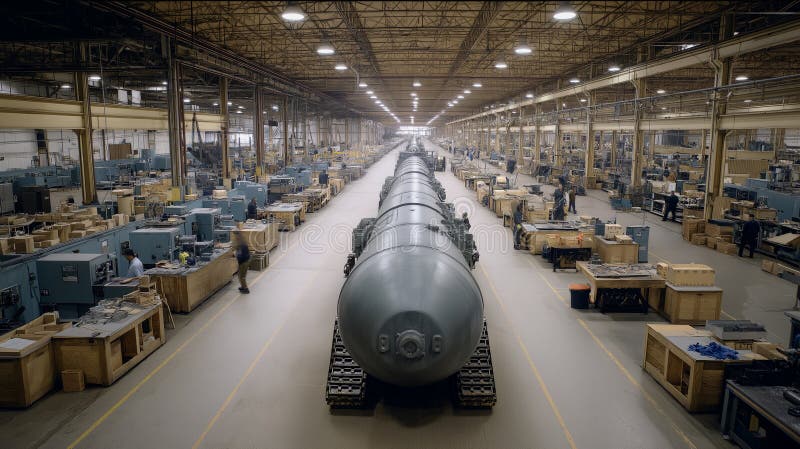 Wide-angle View of a Large Assembly Line Producing Cylindrical Tanks in ...